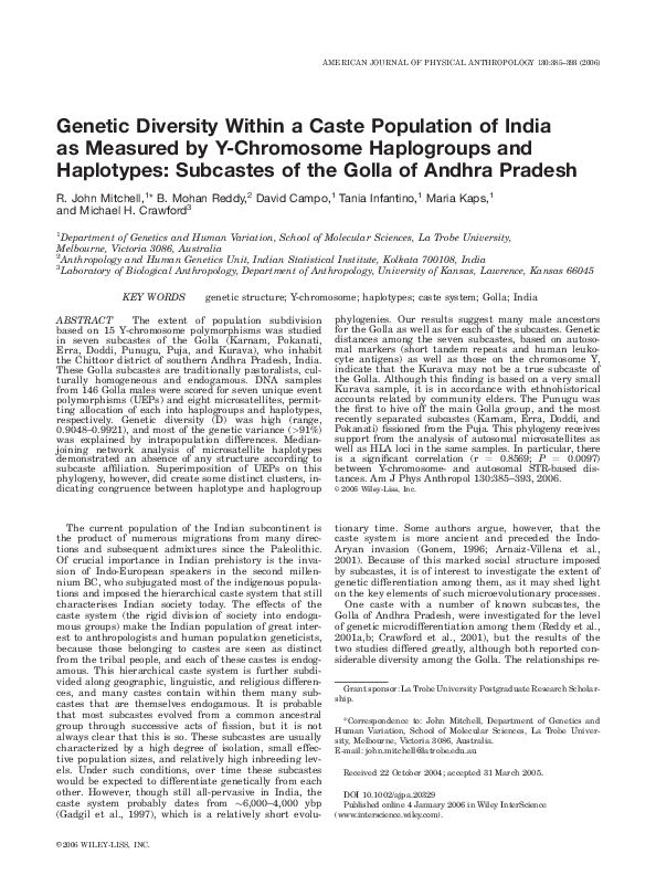 (PDF) Genetic diversity within a caste population of India as measured ...
