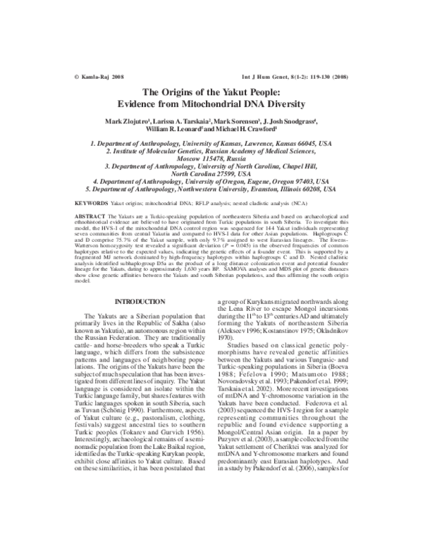 (PDF) The origins of the Yakut people: evidence from mitochondrial DNA ...