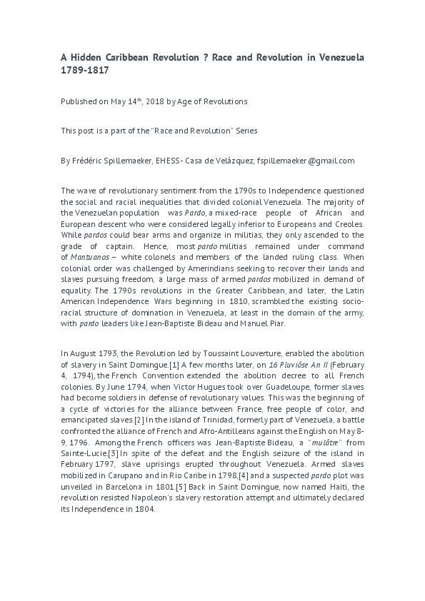 (PDF) A Hidden Caribbean Revolution ? Race and Revolution in Venezuela ...