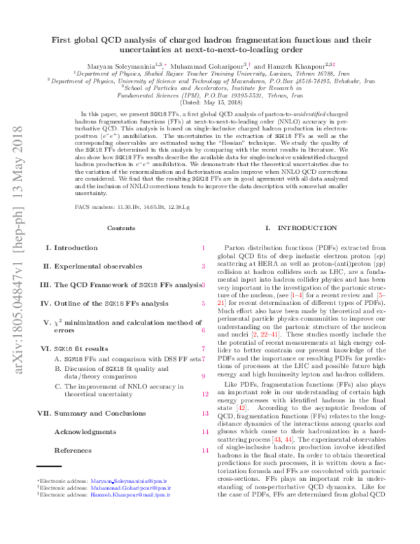 (PDF) First global QCD analysis of charged hadron fragmentation functions and their ...
