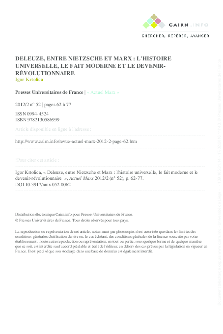 (PDF) Deleuze entre Nietzsche et Marx : l'histoire universelle, le fait ...