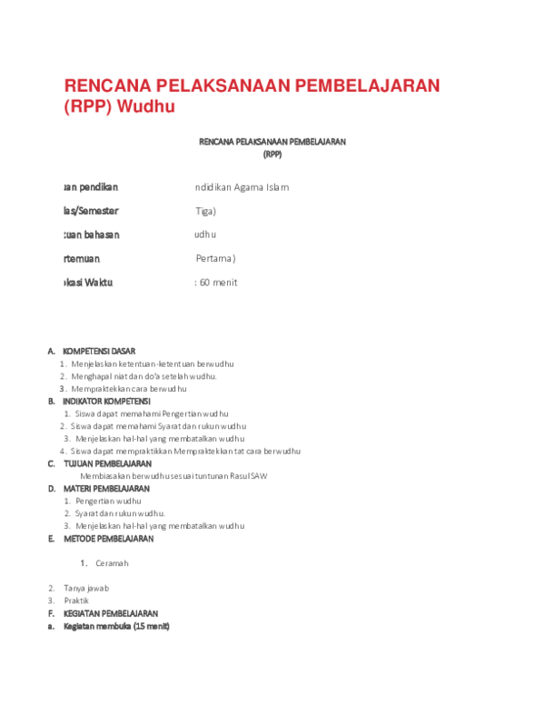(DOC) RENCANA PELAKSANAAN PEMBELAJARAN (RPP) Wudhu
