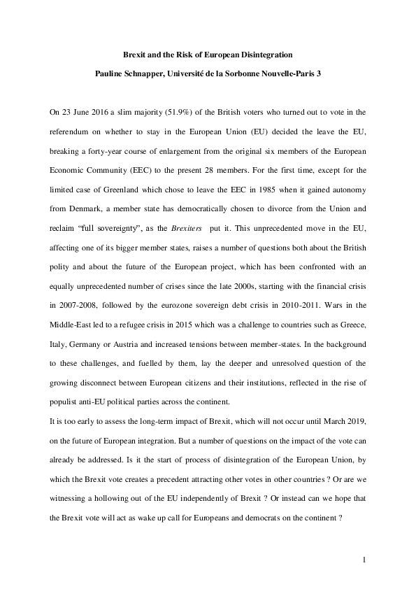 (DOC) Brexit and the Risk of European Disintegration