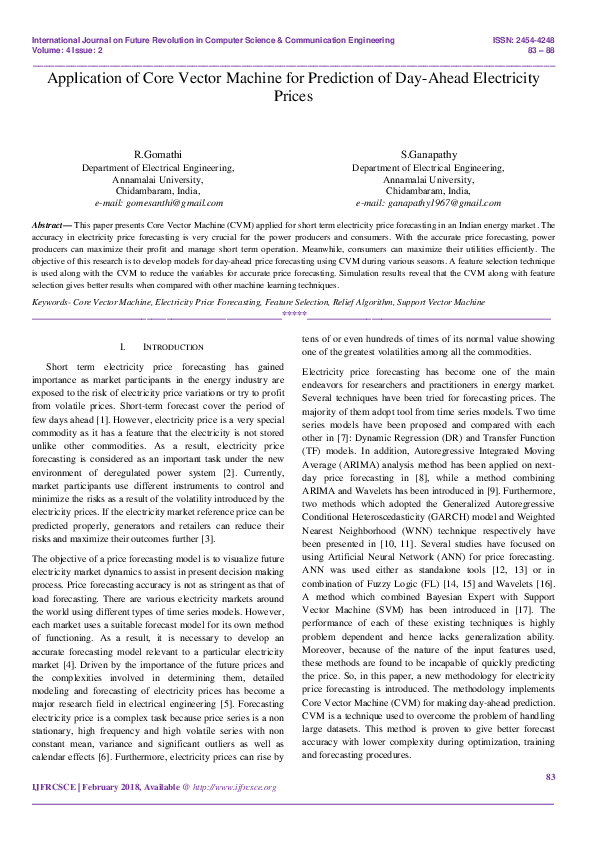 Pdf Application Of Core Vector Machine For Prediction Of Day Ahead