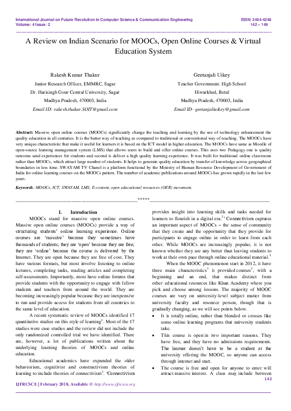 (PDF) A Review on Indian Scenario for MOOCs, Open Online Courses & Virtual Education System