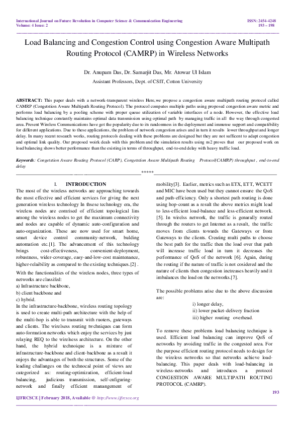 Pdf Load Balancing And Congestion Control Using Congestion Aware Multipath Routing Protocol