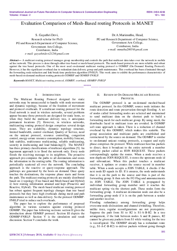 Pdf Evaluation Comparison Of Mesh Based Routing Protocols In Manet Ijfrcsce Journal