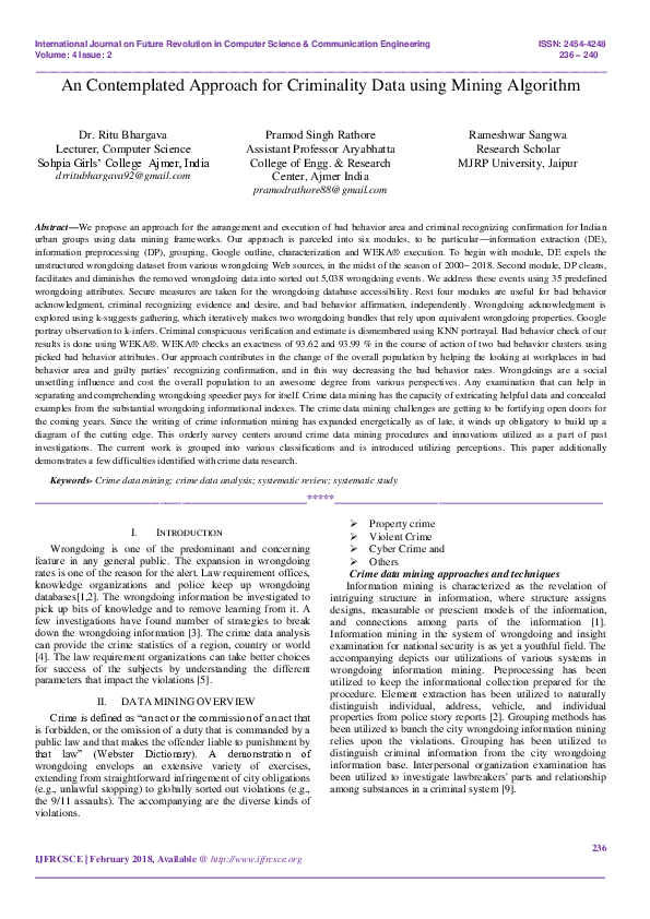 Pdf An Contemplated Approach For Criminality Data Using Mining Algorithm