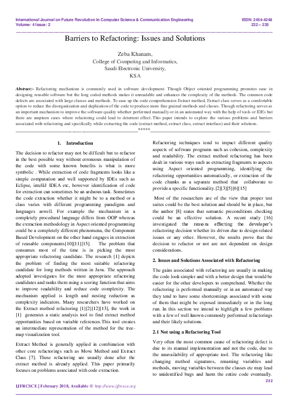 Pdf Barriers To Refactoring Issues And Solutions