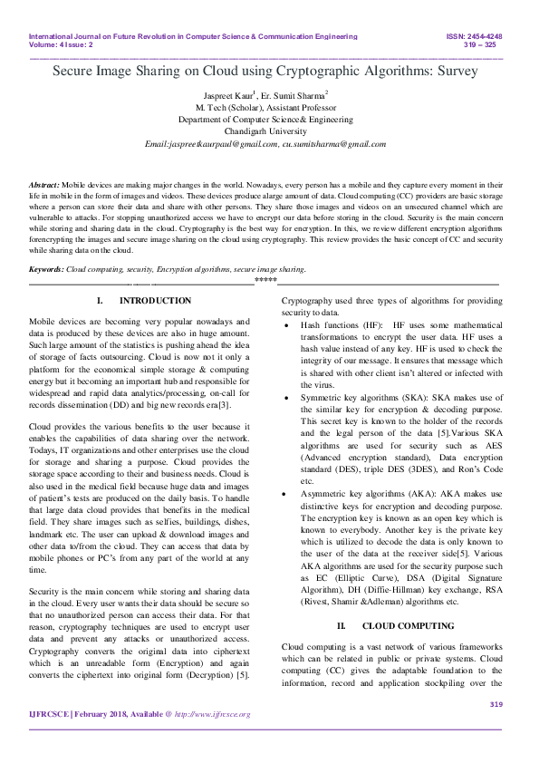 Pdf Secure Image Sharing On Cloud Using Cryptographic Algorithms Survey 2727