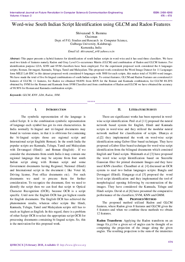 Pdf Word Wise South Indian Script Identification Using Glcm And Radon Features