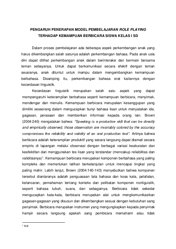 (PDF) PENGARUH PENERAPAN MODEL PEMBELAJARAN ROLE PLAYING TERHADAP KEMAMPUAN BERBICARA SISWA ...