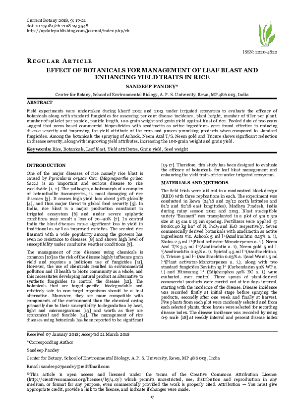 Pdf Effect Of Botanicals For Management Of Leaf Blast And Enhancing