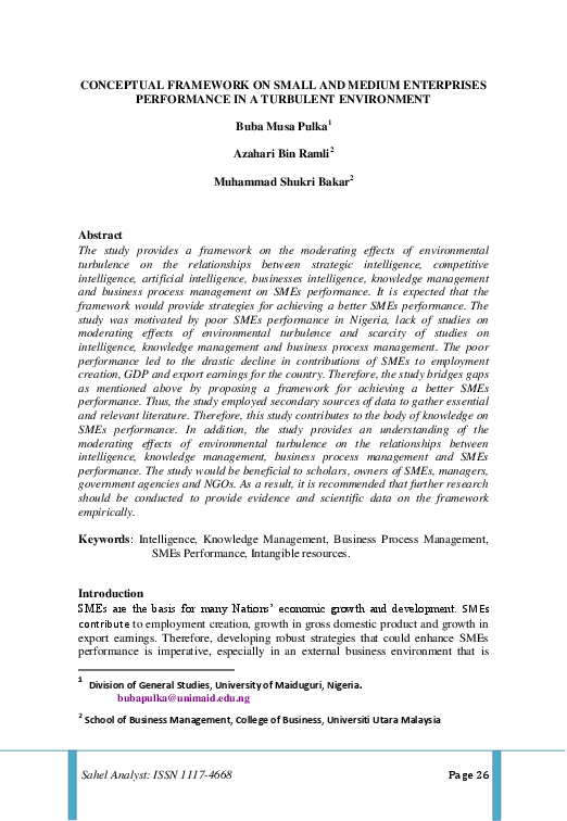 (PDF) CONCEPTUAL FRAMEWORK ON SMALL AND MEDIUM ENTERPRISES PERFORMANCE IN A TURBULENT ENVIRONMENT