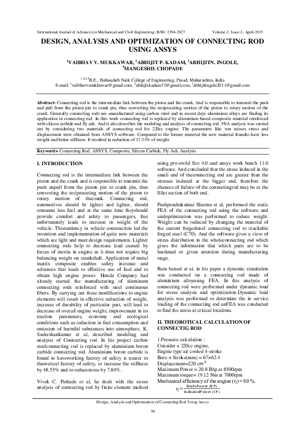Pdf Design Analysis And Optimization Of Connecting Rod Using Ansys