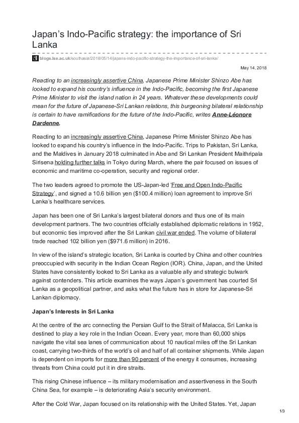 (PDF) Japan's Indo-Pacific strategy : The importance of Sri Lanka