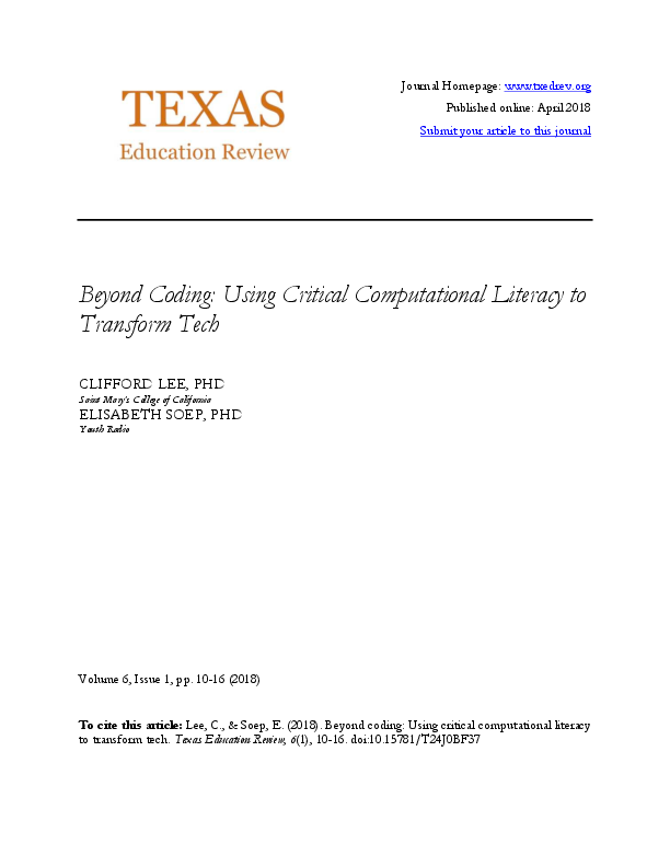 (PDF) Beyond Coding: Using Critical Computational Literacy to Transform ...