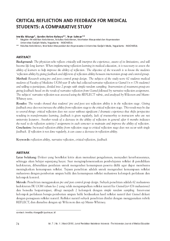 (PDF) CRITICAL REFLECTION AND FEEDBACK FOR MEDICAL STUDENTS: A ...