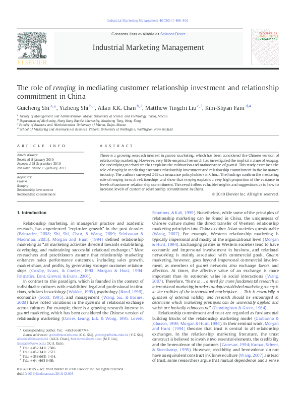 (PDF) The role of renqing in mediating customer relationship investment ...