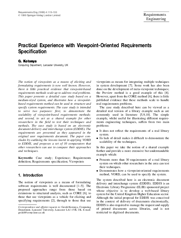 (PDF) Practical Experience with Viewpoint-Oriented Requirements Speci ...