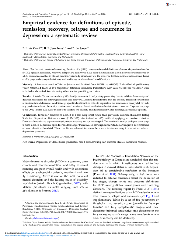 (PDF) Empirical evidence for definitions of episode, remission, recovery, relapse and recurrence ...