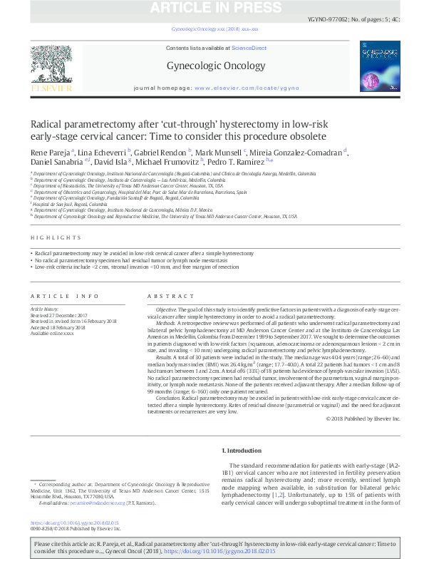 Pdf Radical Parametrectomy After Cut Through Hysterectomy In Low