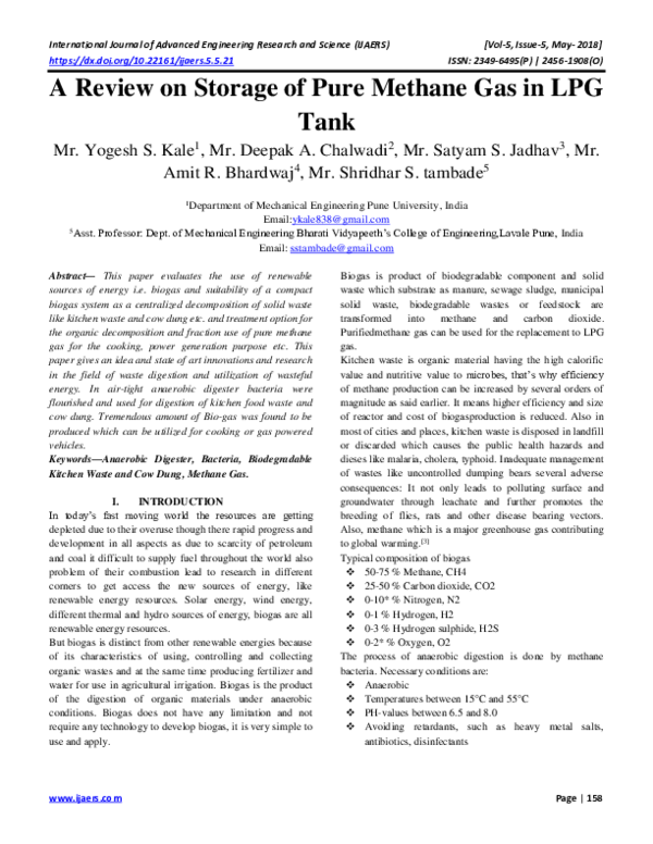(PDF) A Review on Storage of Pure Methane Gas in LPG Tank