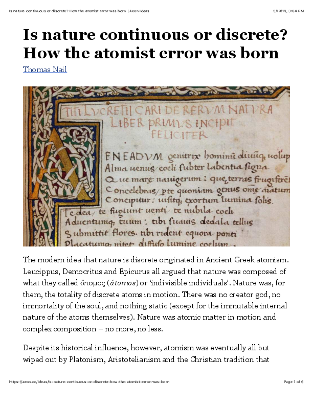 (PDF) Is Nature Continuous or Discrete? How the Atomist Error was Born