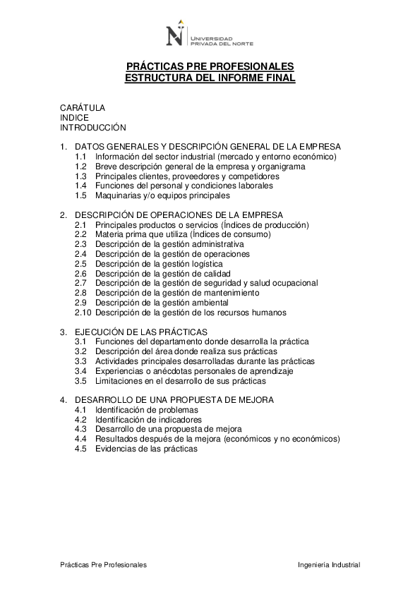 (DOC) PRÁCTICAS PRE PROFESIONALES ESTRUCTURA DEL INFORME FINAL CARÁTULA INDICE INTRODUCCIÓN
