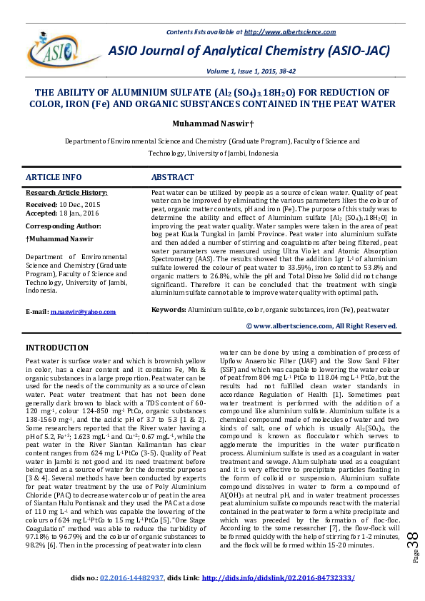 (PDF) THE ABILITY OF ALUMINIUM SULFATE (Al2 (SO4)3.18H2O) FOR REDUCTION ...