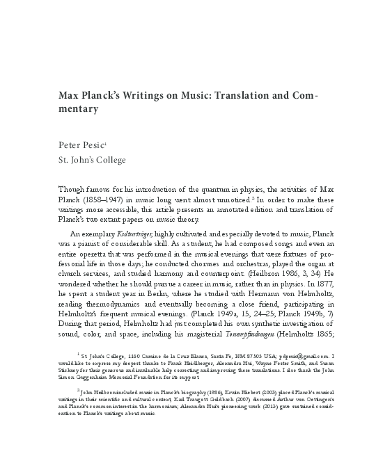 (PDF) Max Planck's Musical Writings: Translation and Commentary