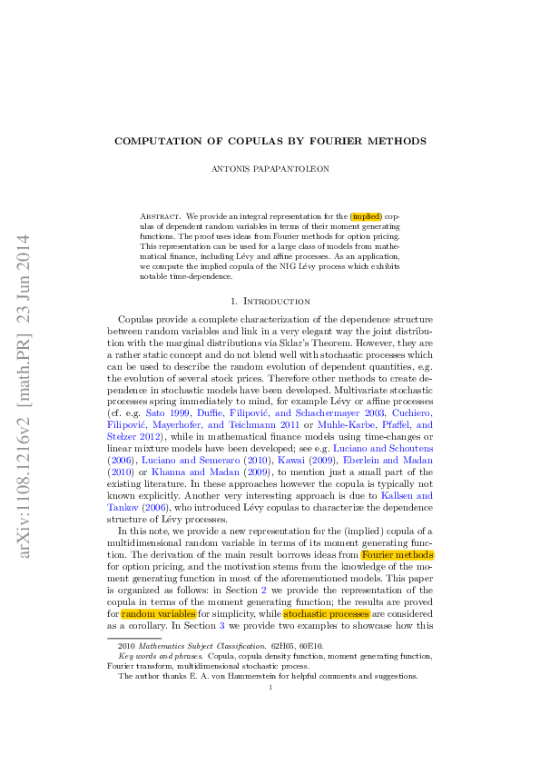 Pdf Computation Of Copulas By Fourier Methods Waqar Siddiqi