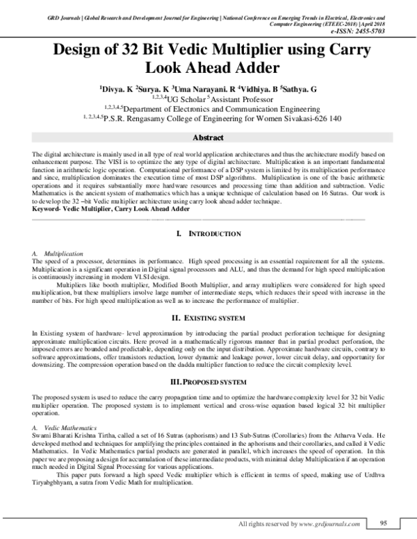 (PDF) Design of 32 Bit Vedic Multiplier using Carry Look Ahead Adder