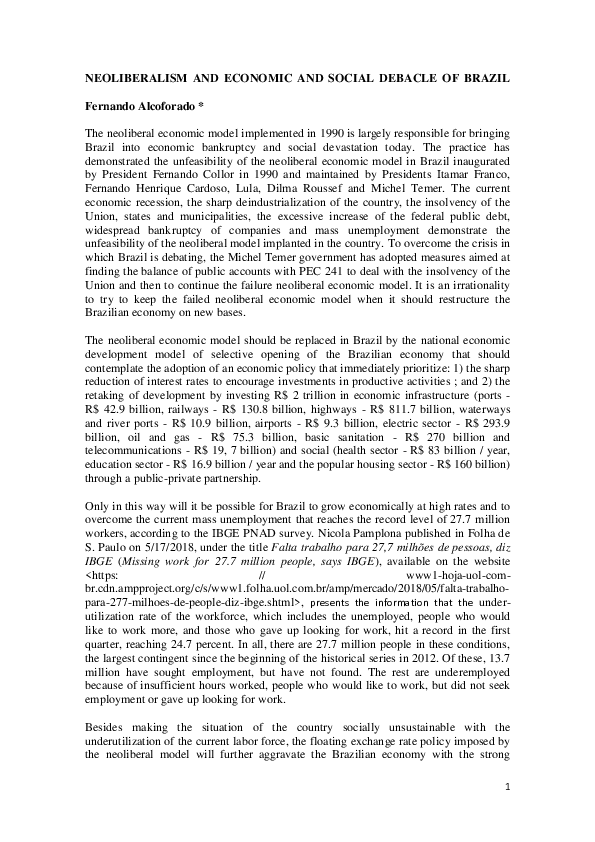 (DOC) NEOLIBERALISM AND ECONOMIC AND SOCIAL DEBACLE OF BRAZIL