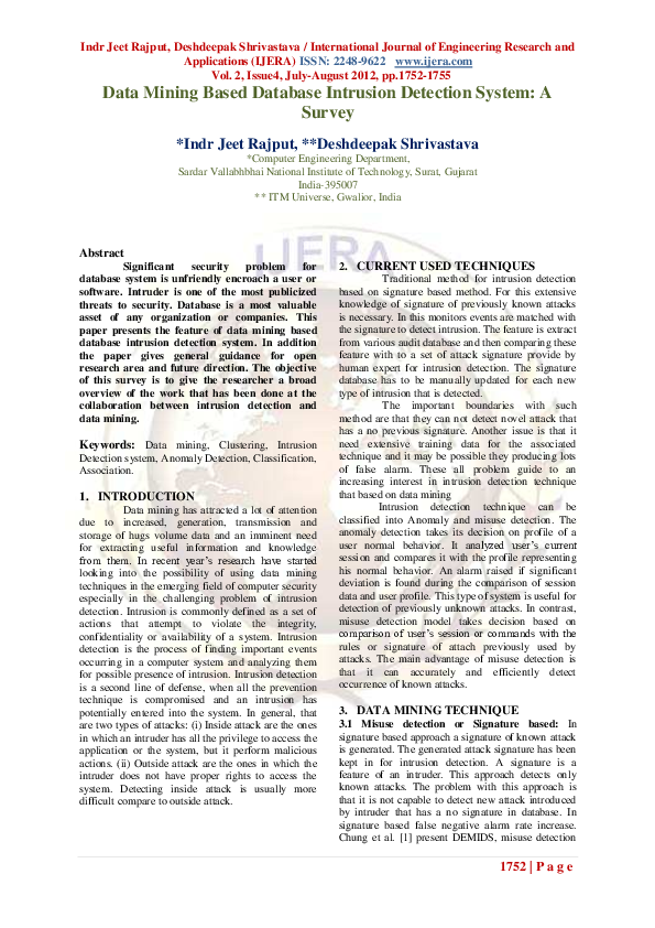 Pdf Data Mining Based Database Intrusion Detection System A Survey
