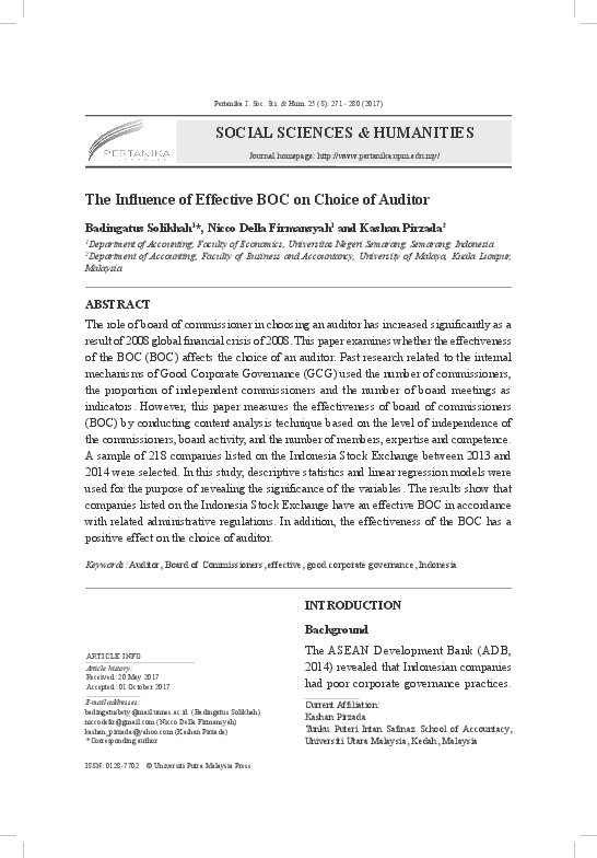 (PDF) The Influence of Effective BOC on Choice of Auditor