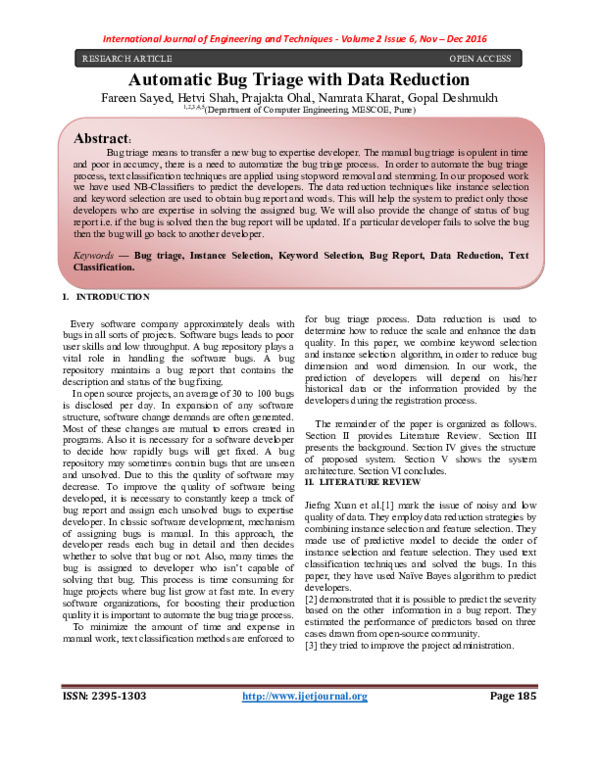 Pdf Automatic Bug Triage With Data Reduction International Research Group Ijet Journal 7687