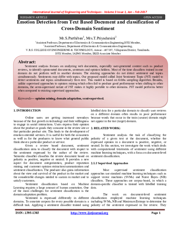 Pdf Emotion Detection From Text Based Document And Classification Of Cross Domain Sentiment