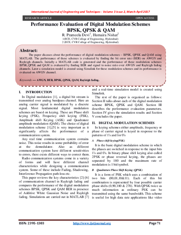 Pdf Performance Evaluation Of Digital Modulation Schemes Bpsk Qpsk And Qam