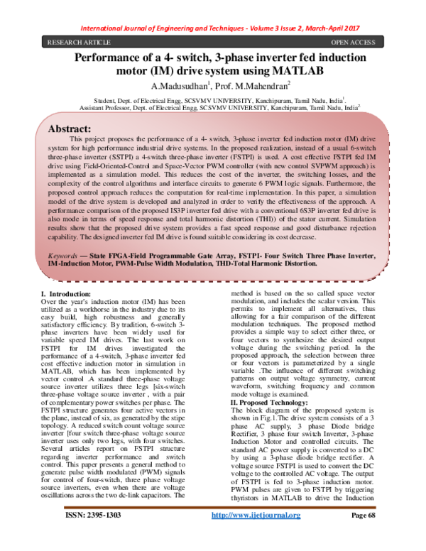 Pdf Performance Of A 4 Switch 3 Phase Inverter Fed Induction Motor Im Drive System Using Matlab