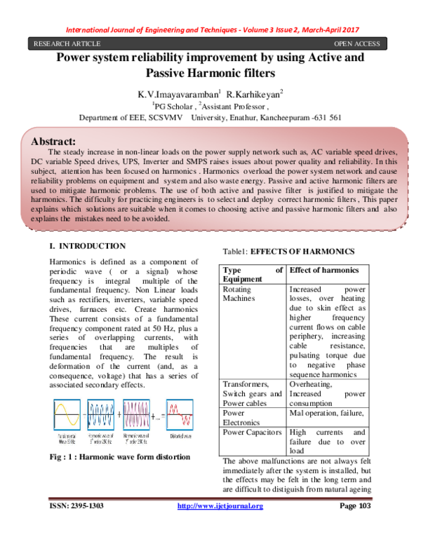 (PDF) Power system reliability improvement by using Active and Passive Harmonic filters