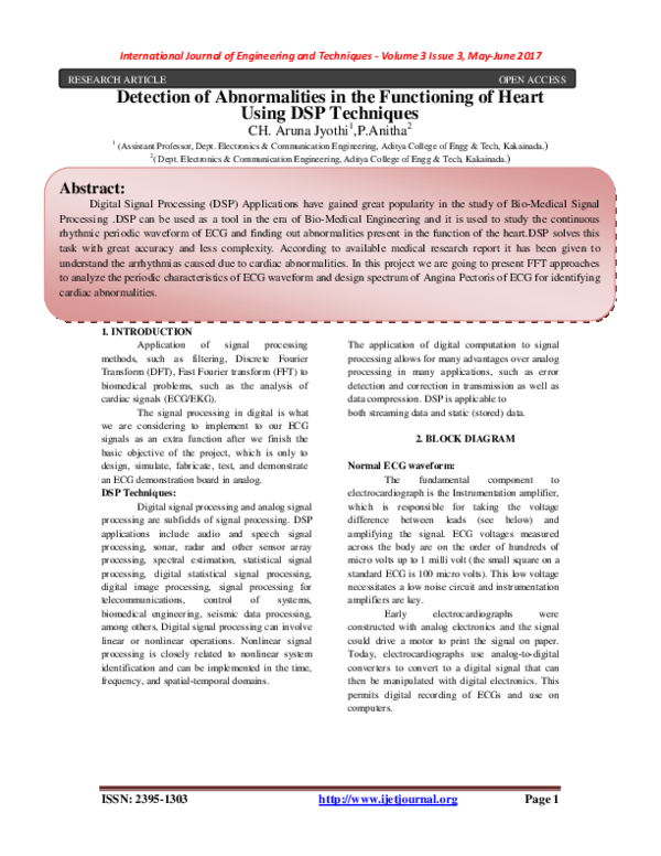 Pdf Detection Of Abnormalities In The Functioning Of Heart Using Dsp Techniques