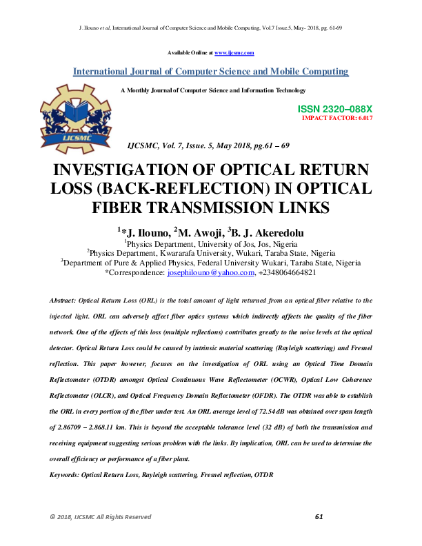 (PDF) INVESTIGATION OF OPTICAL RETURN LOSS (BACK-REFLECTION) IN OPTICAL ...