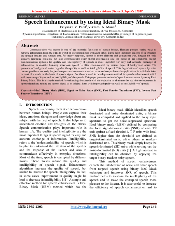Pdf Speech Enhancement By Using Ideal Binary Mask International Research Group Ijet