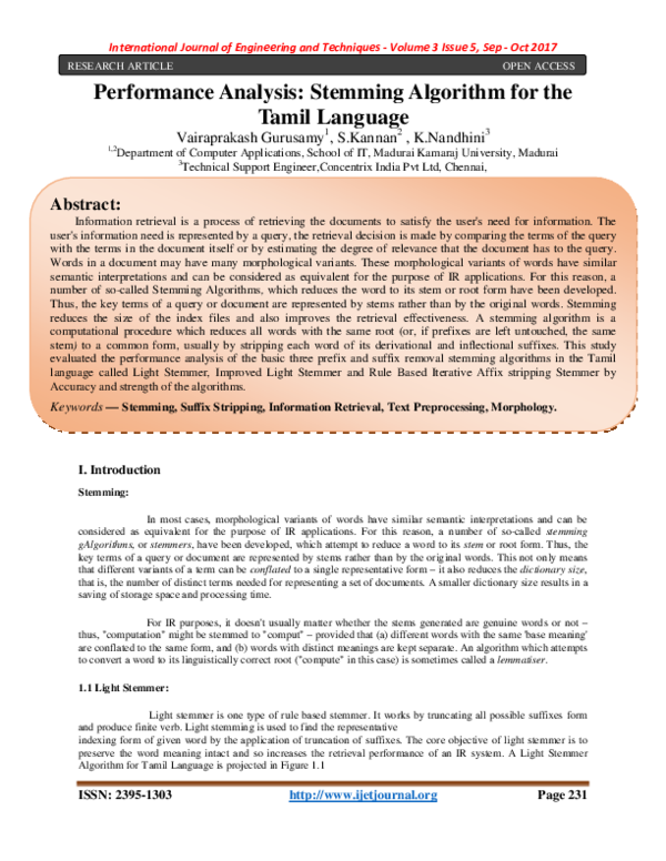 Pdf Performance Analysis Stemming Algorithm For The Tamil Language