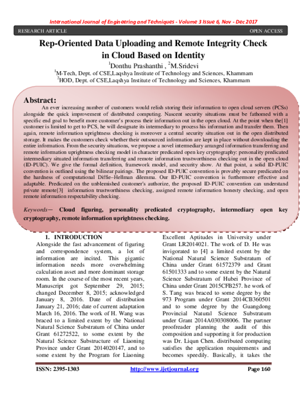 Pdf Rep Oriented Data Uploading And Remote Integrity Check In Cloud Based On Identity