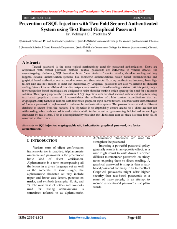 (PDF) Prevention of SQL Injection with Two Fold Secured Authenticated System using Text Based ...