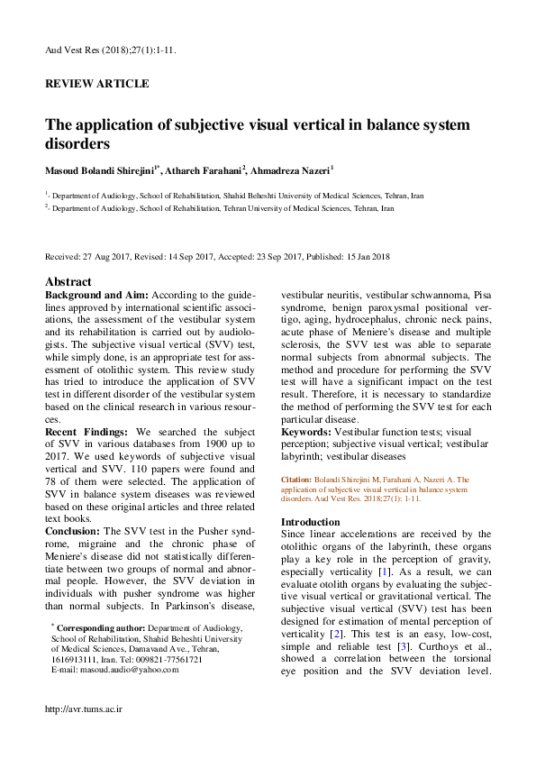 Pdf The Application Of Subjective Visual Vertical In Balance System