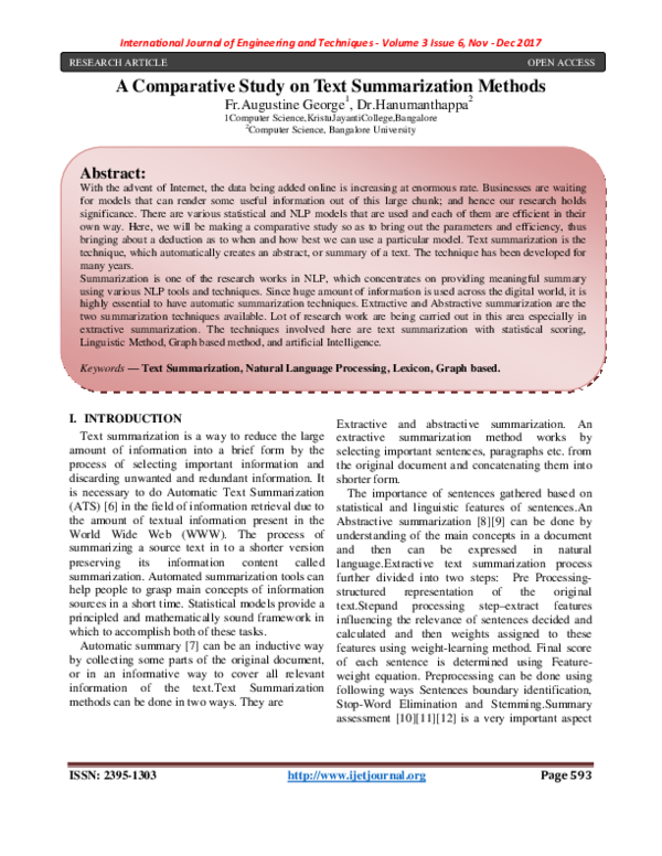 (PDF) A Comparative Study on Text Summarization Methods