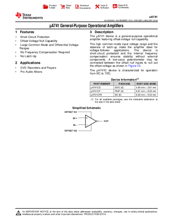 (PDF) µA741 General-Purpose Operational Amplifiers